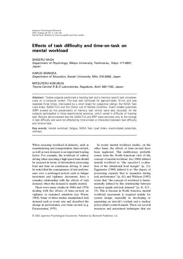 Pdf Effects Of Task Difficulty And Time‐on‐task On Mental Workload