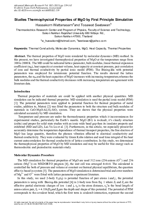 (PDF) Studies Thermophysical Properties of MgO by First Principle ...