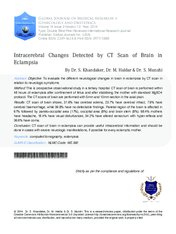 (PDF) Intracerebral Changes Detected by CT scan of Brain in Eclampsia