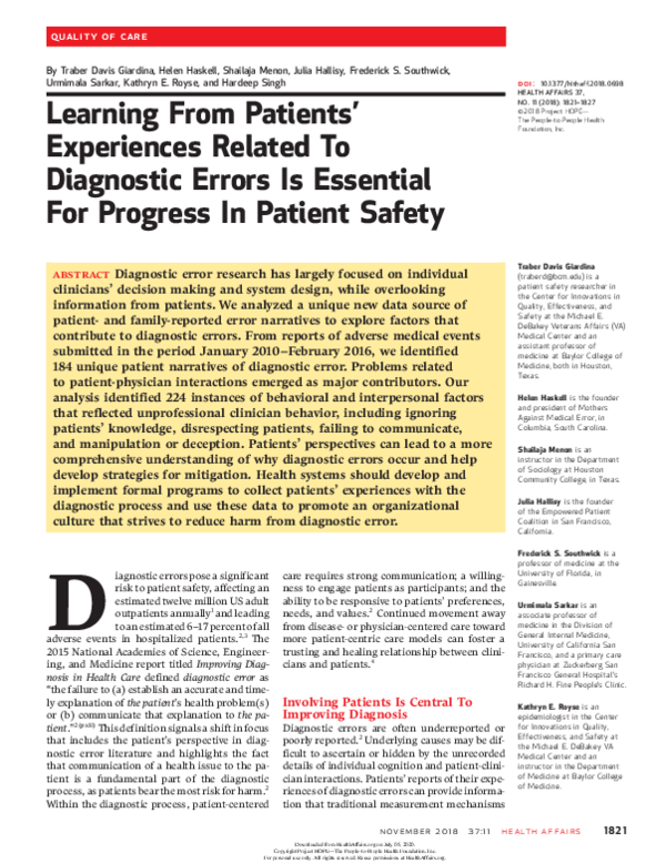 (PDF) Learning From Patients’ Experiences Related To Diagnostic Errors ...