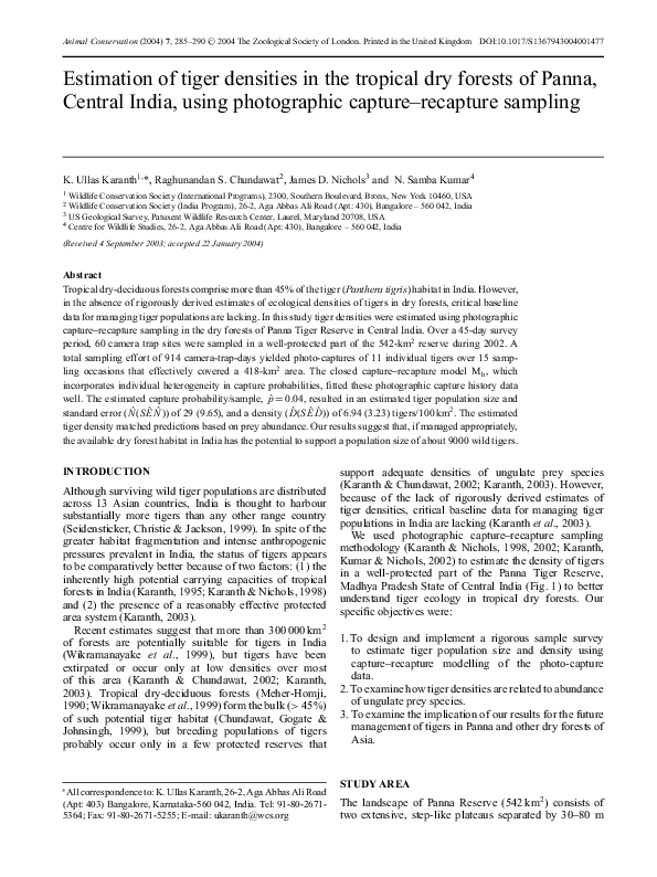 (PDF) Estimation of tiger densities in the tropical dry forests of ...