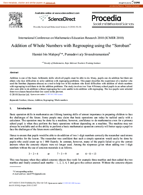 (PDF) Addition of Whole Numbers with Regrouping using the Soroban