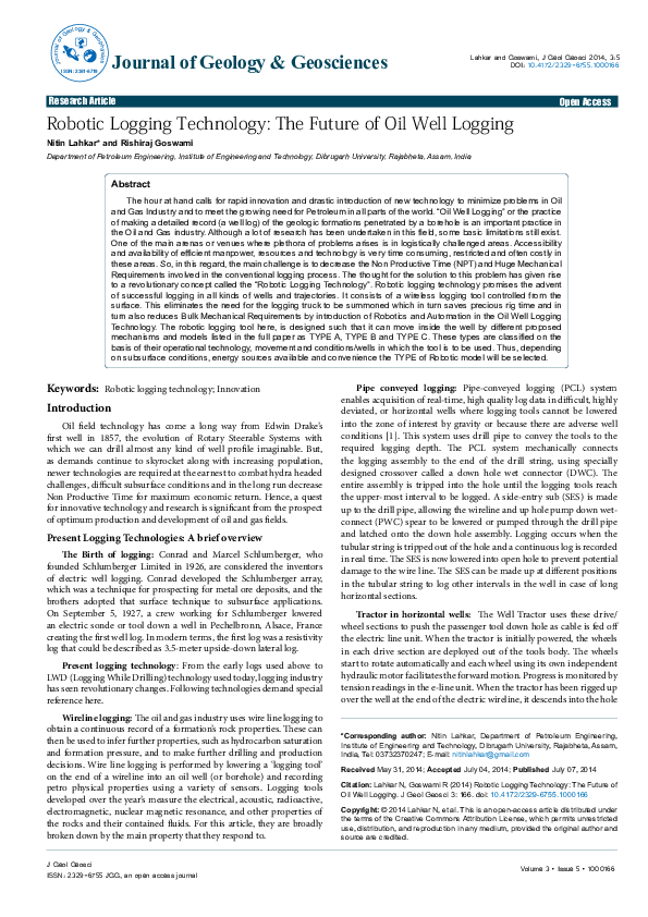 (PDF) Robotic Logging Technology: The Future of Oil Well Logging