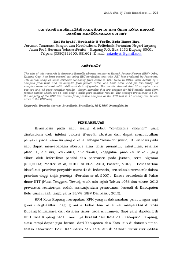 Pdf Uji Tapis Brusellosis Pada Sapi Di Rph Oeba Kota Kupang Dengan