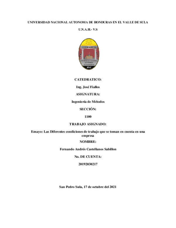 (PDF) Ensayo: Condiciones de Trabajo