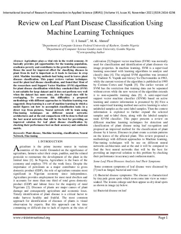 (PDF) Review on Leaf Plant Disease Classification Using Machine Learning Techniques