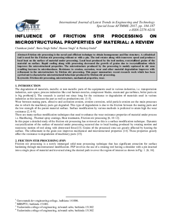(PDF) Influence of Friction Stir Processing on Microstructural Properties of Material: A Review
