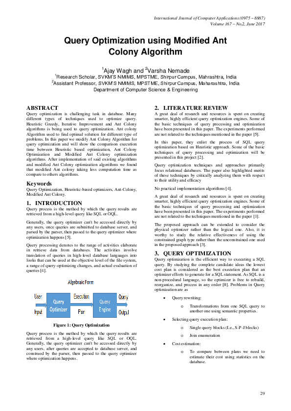 Pdf Query Optimization Using Modified Ant Colony Algorithm