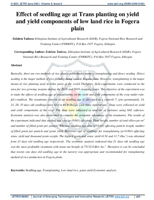 Pdf Effect Of Seedling Age At Trans Planting On Yield And Yield