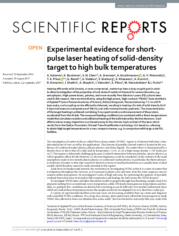 (PDF) Experimental evidence for short-pulse laser heating of solid ...
