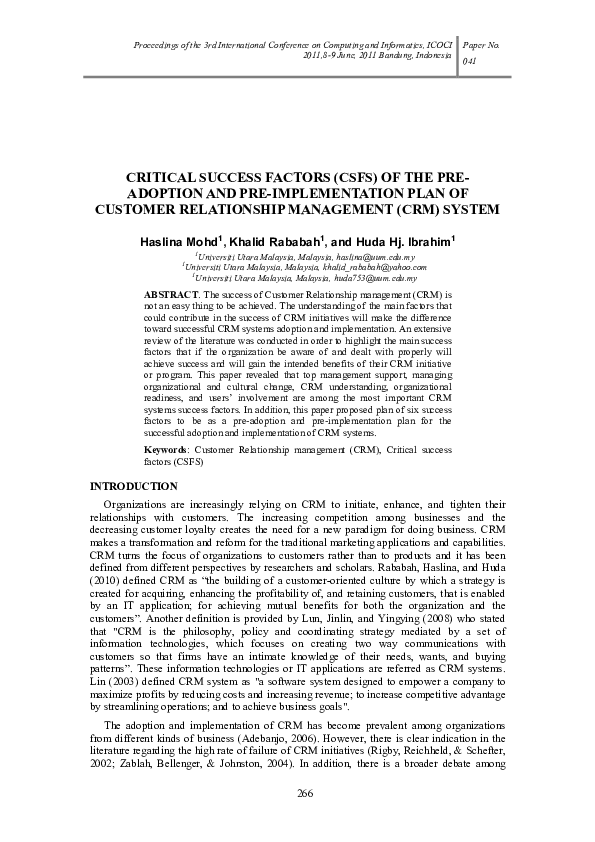 (PDF) Critical success factors (CSFS) of the pre-adoption and pre-implementation plan of ...