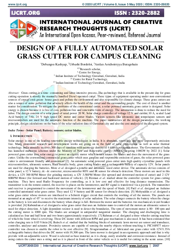 (PDF) Design of a Fully Automated Solar Grass Cutter for Campus Cleaning