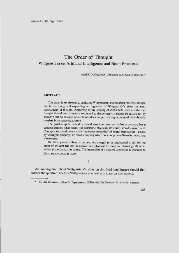 (PDF) The Order of Thought. Wittgenstein on Artificial Intelligence and Brain-Processes ...