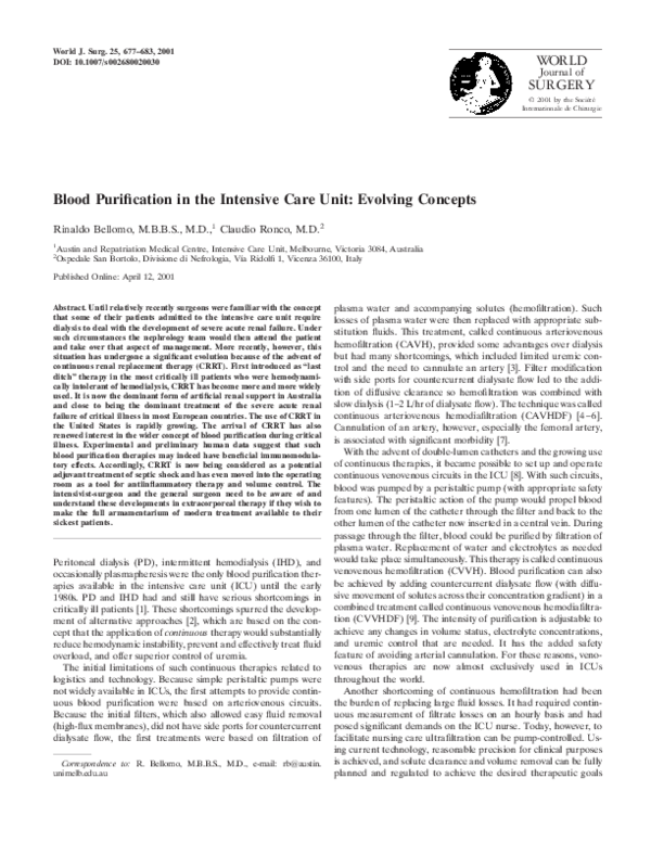 (PDF) Blood Purification in the Intensive Care Unit: Evolving Concepts