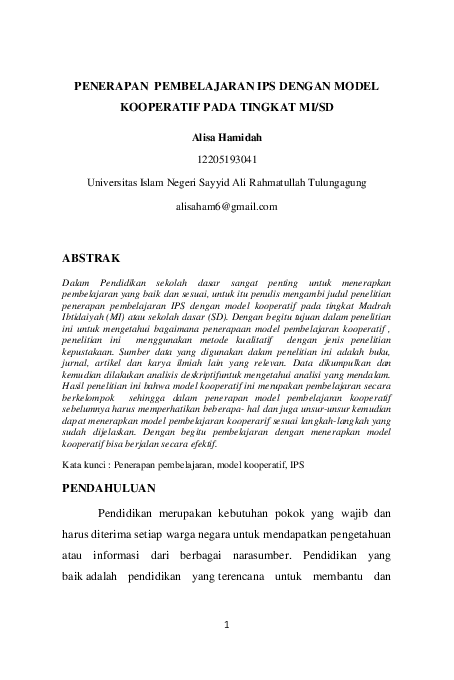 (PDF) PENERAPAN PEMBELAJARAN IPS DENGAN MODEL KOOPERATIF PADA TINGKAT MI/SD