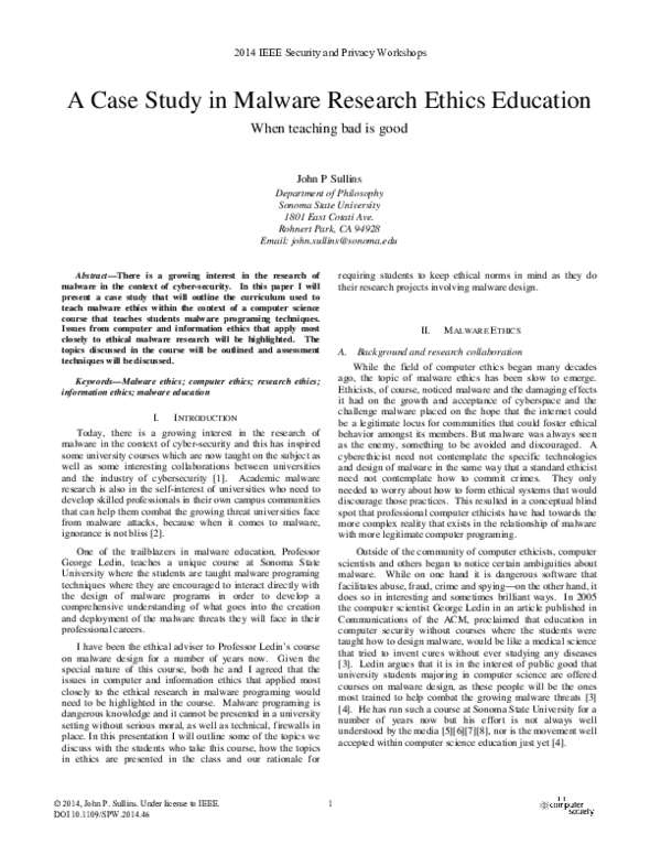 (PDF) A Case Study in Malware Research Ethics Education
