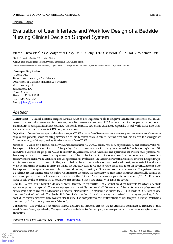 (PDF) Evaluation of User Interface and Workflow Design of a Bedside ...