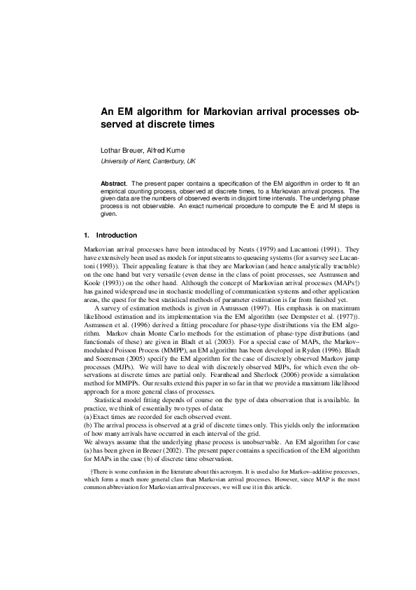 (PDF) An EM algorithm for Markovian arrival processes observed at discrete times | Alfred Kume ...