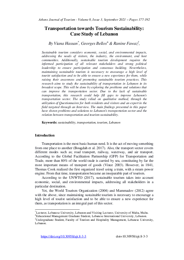 (PDF) Transportation towards Tourism Sustainability: Case Study of Lebanon