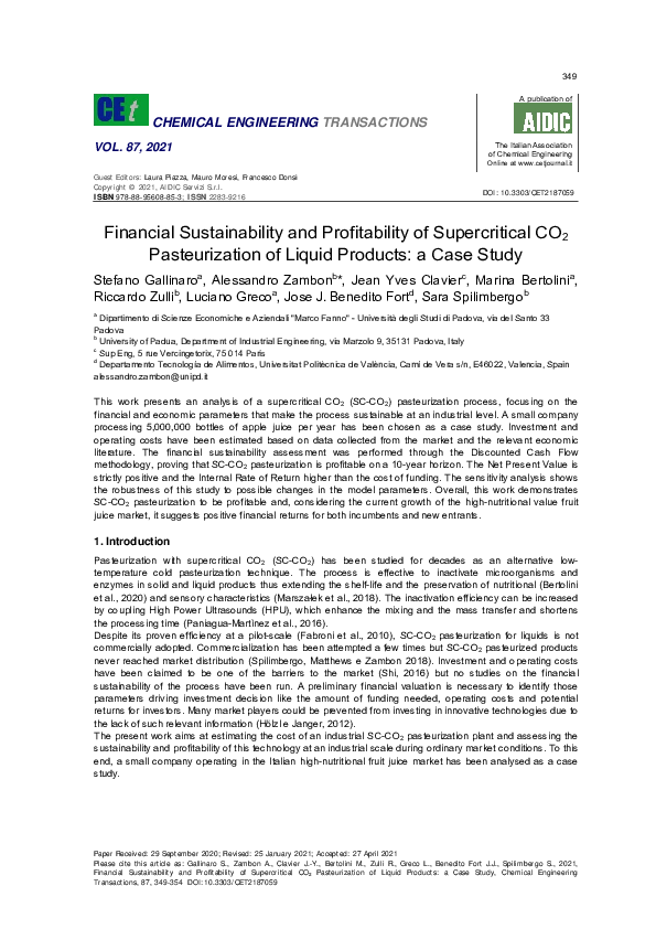 (PDF) Financial Sustainability and Profitability of Supercritical CO2 Pasteurization of Liquid ...