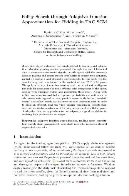 (PDF) Policy Search through Adaptive Function Approximation for Bidding in TAC SCM