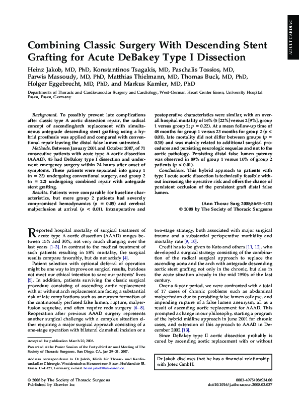 (PDF) Combining Classic Surgery With Descending Stent Grafting for ...