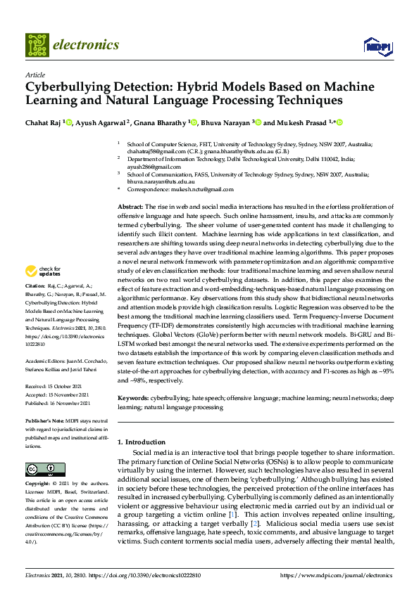 (PDF) Cyberbullying Detection: Hybrid Models Based on Machine Learning and Natural Language ...