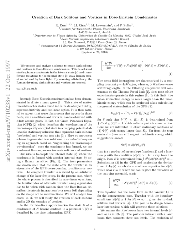 Pdf Creation Of Dark Solitons And Vortices In Bose Einstein Condensates