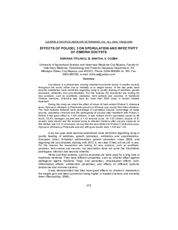 (PDF) Effects of Polioel 3 on Sporulation and Infectivity of Eimeria ...