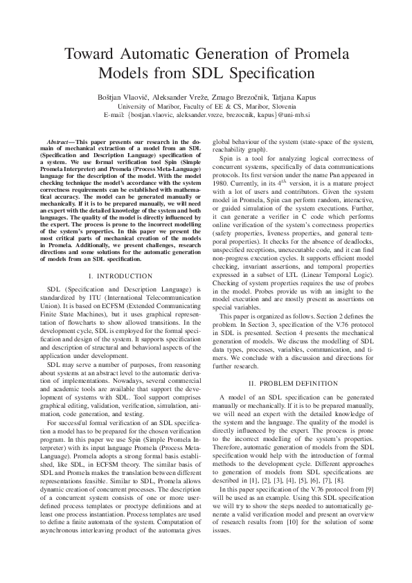 (PDF) Toward Automatic Generation of Promela Models from SDL Specification