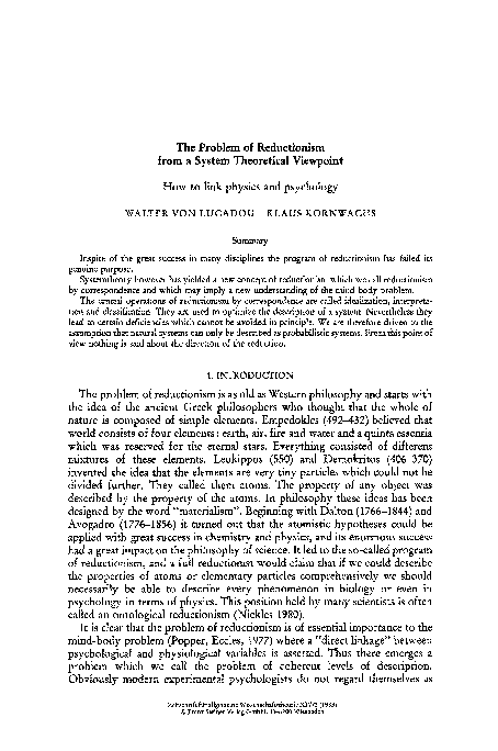 (PDF) The problem of reductionism from a system theoretical viewpoint