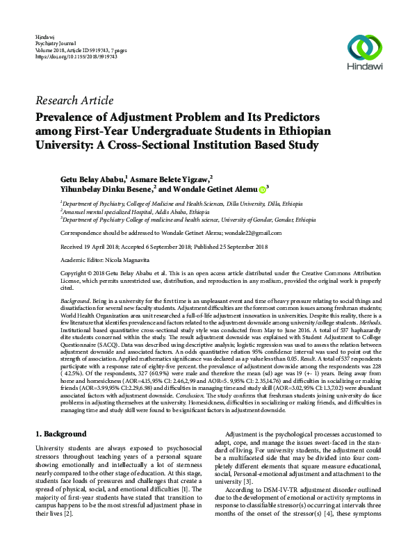 (PDF) Prevalence of Adjustment Problem and Its Predictors among First-Year Undergraduate ...