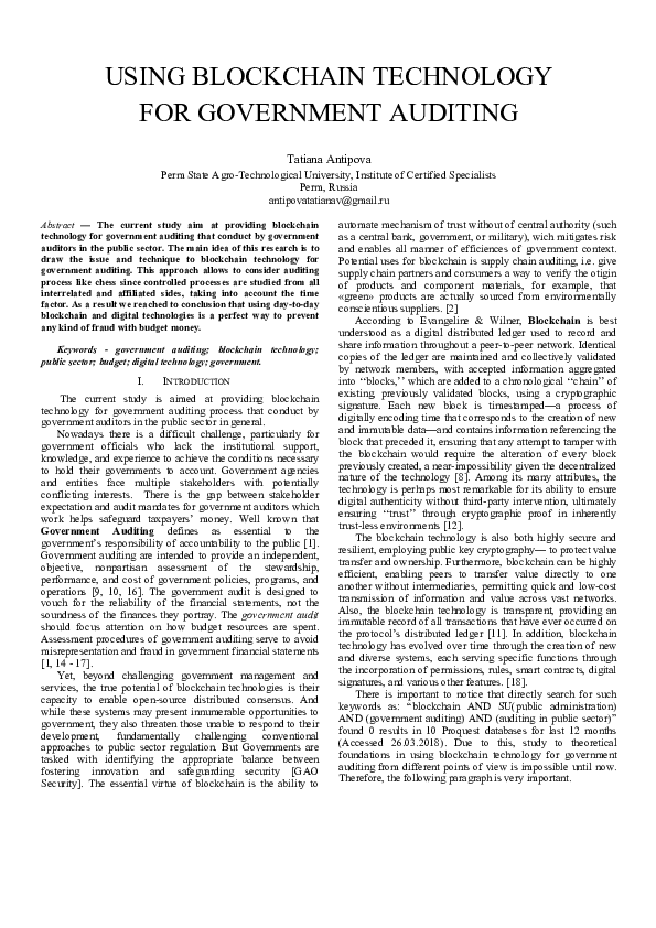 (PDF) Using blockchain technology for government auditing