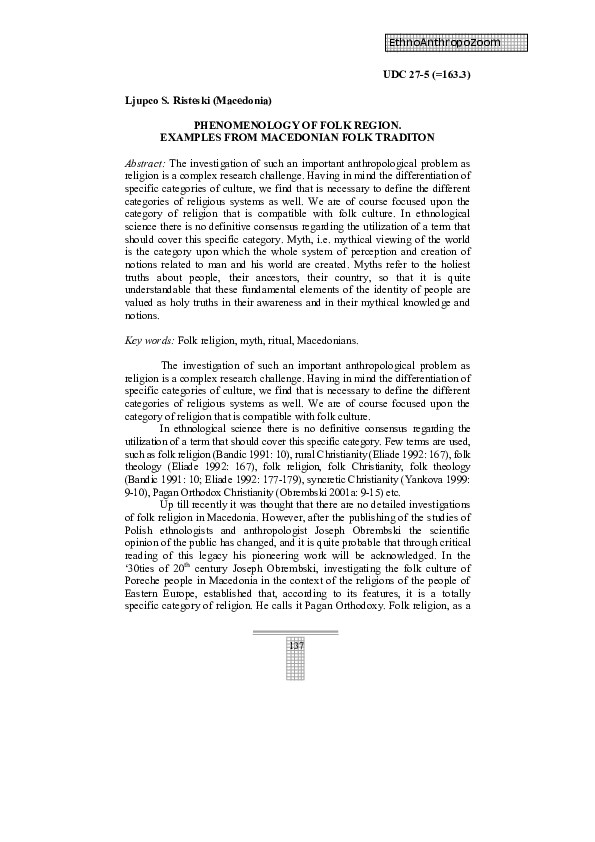 (PDF) Phenomenology of Folk Region. Examples from Macedonian Folk Traditon