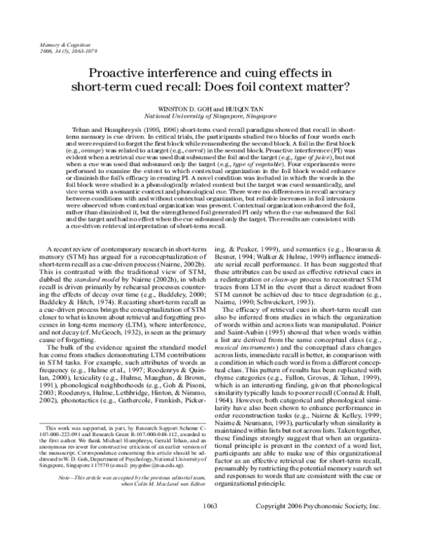 (PDF) Proactive interference and cuing effects in short-term cued recall: Does foil context matter?