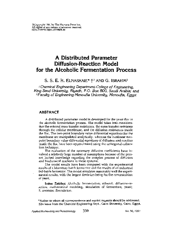 (PDF) A distributed parameter diffusion-reaction model for the alcoholic fermentation process