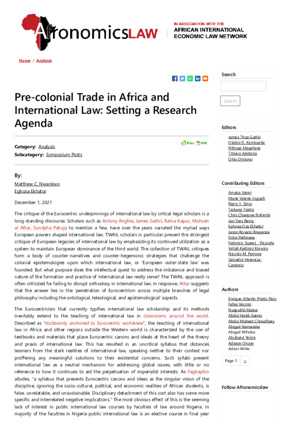 (PDF) Pre-colonial Trade in Africa and International Law: Setting a ...