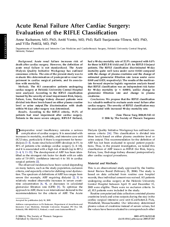 (PDF) Acute Renal Failure After Cardiac Surgery: Evaluation of the ...