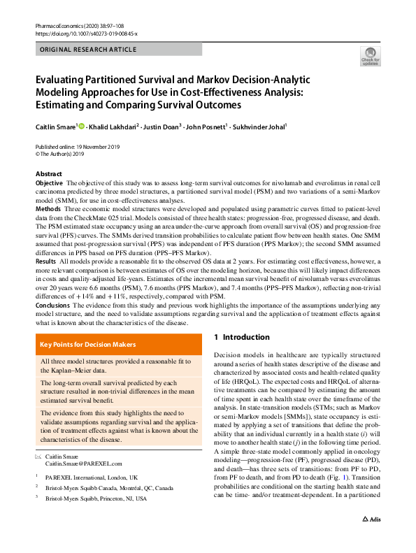 Pdf Evaluating Partitioned Survival And Markov Decision Analytic Modeling Approaches For Use