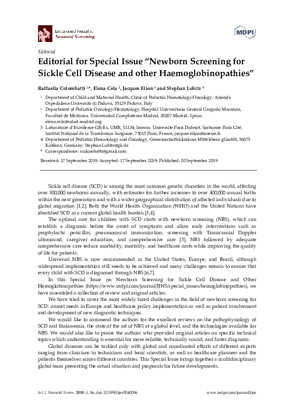 (PDF) Editorial for Special Issue “Newborn Screening for Sickle Cell ...