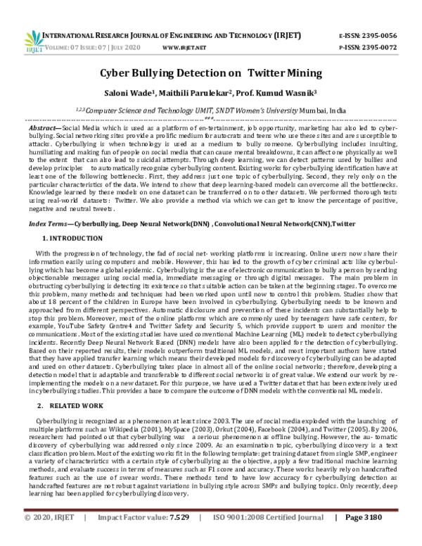 Pdf Cyber Bullying Detection On Twitter Mining Maithili Parulekar
