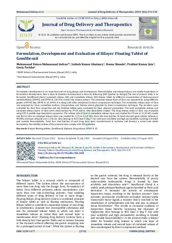 Pdf Formulation Development And Evaluation Of Bilayer Floating Tablet