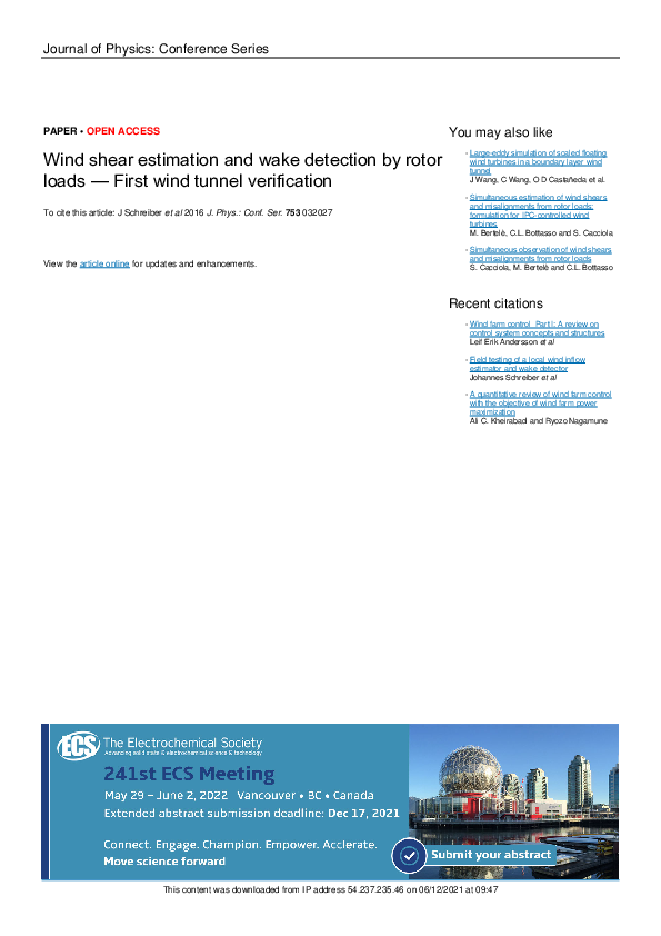 Pdf Wind Shear Estimation And Wake Detection By Rotor Loads — First Wind Tunnel Verification
