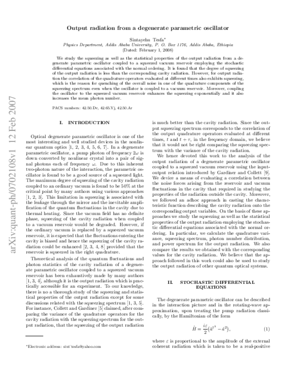 Pdf Output Radiation From A Degenerate Parametric Oscillator