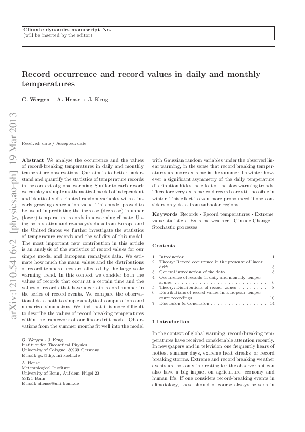 (PDF) Record occurrence and record values in daily and monthly temperatures
