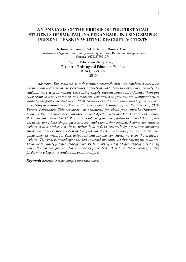 (PDF) An Analysis of the Errors of the First Year Students of Smk Taruna Pekanbaru in Using ...