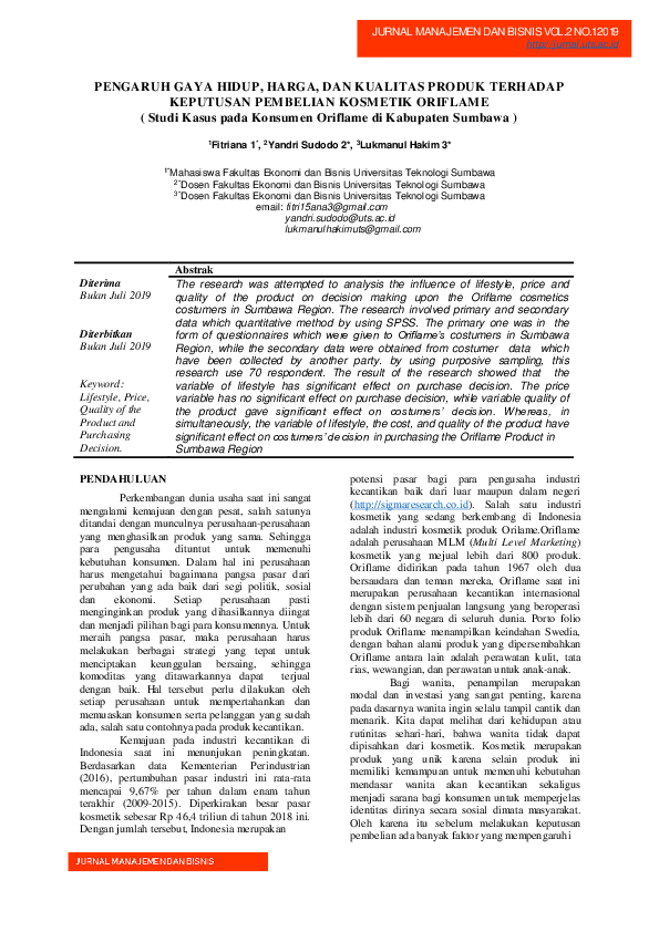 (PDF) Pengaruh Gaya Hidup, Harga, dan Kualitas Produk terhadap Keputusan Pembelian Produk Sophie ...