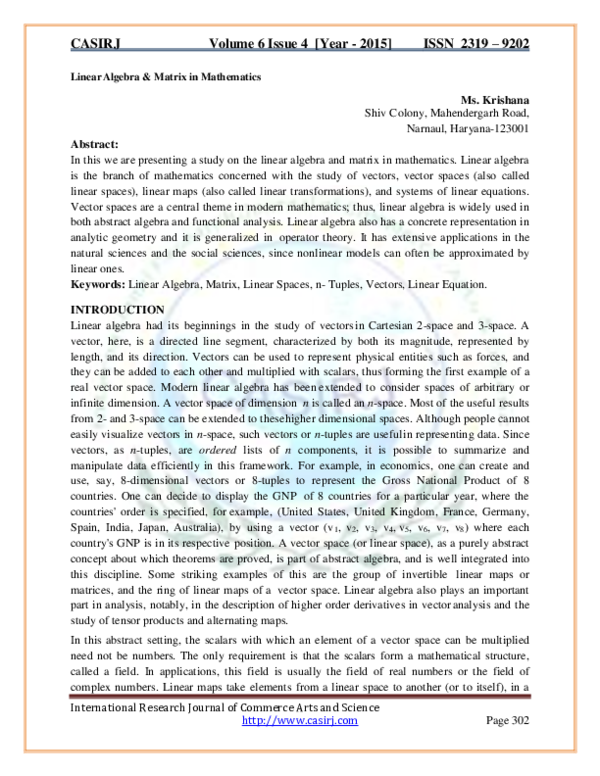 Pdf Linear Algebra And Matrix In Mathematics