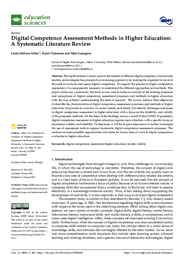 (PDF) Digital Competence Assessment Methods in Higher Education: A Systematic Literature Review