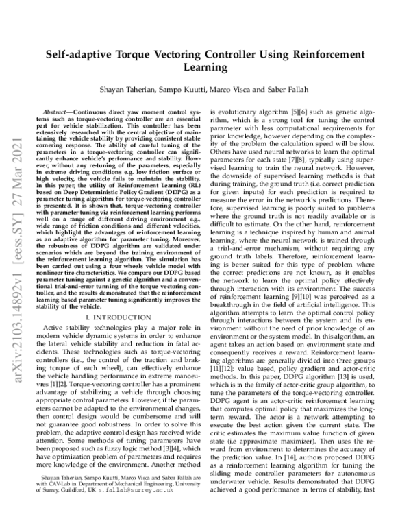 (PDF) Self-adaptive Torque Vectoring Controller Using Reinforcement Learning